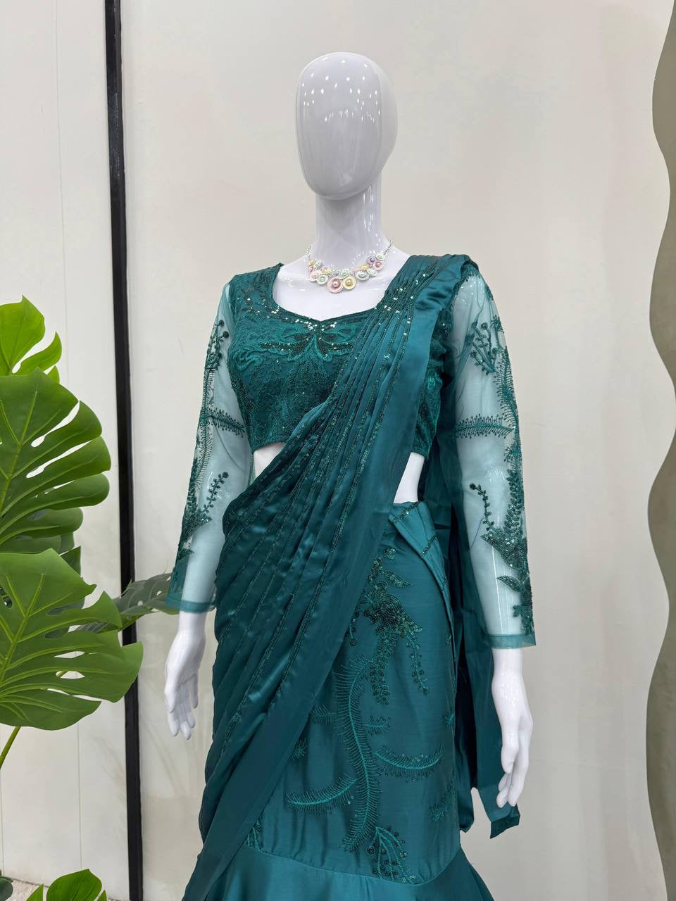 MINSA - Teal Green Mermaid Style Saree Lehenga – Laksharaa Sarees