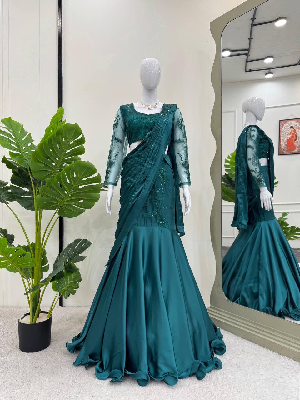 MINSA - Teal Green Mermaid Style Saree Lehenga – Laksharaa Sarees